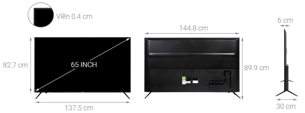 Kích thước Tivi 65 inch của Samsung, Sony, LG - Kithome
